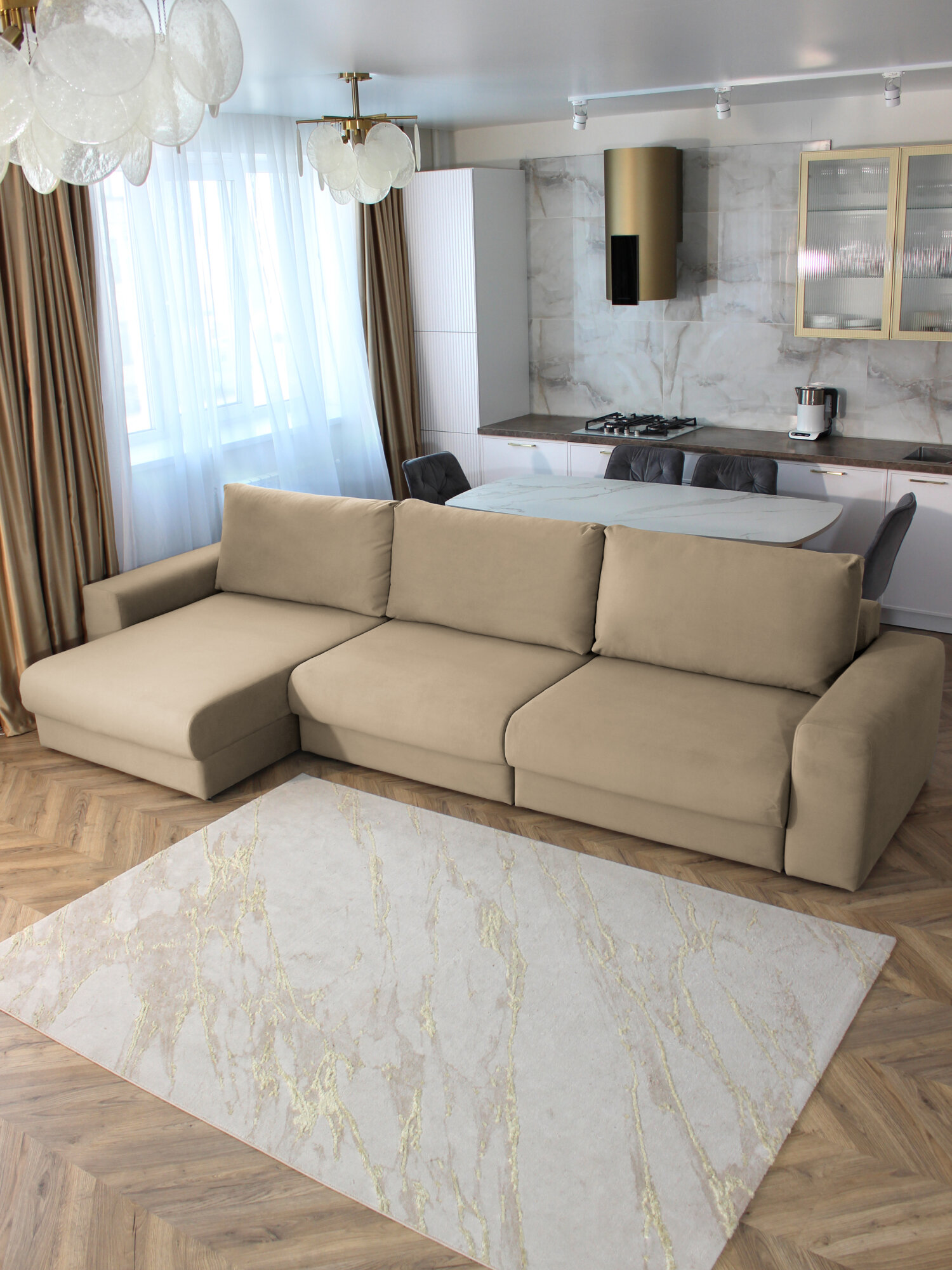 Диван-кровать Лофт бежевый, левый угол, Независимый Пружинный Блок, механизм выкатная Еврокнижка, 350х155х65 см