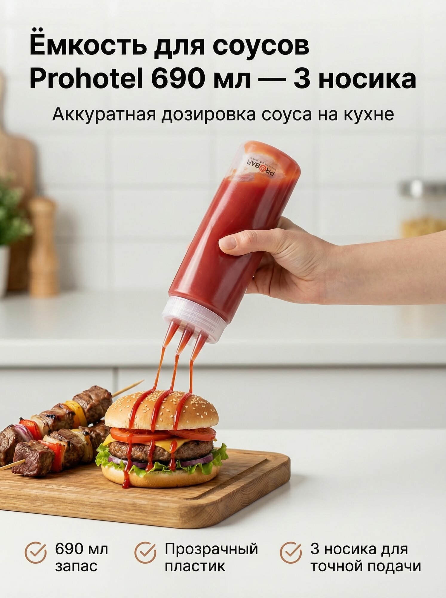 Емкость для соусов с 3 носиками Prohotel 690 мл пластик — дозатор соусов для кухни ресторана, фастфуда, HoReCa