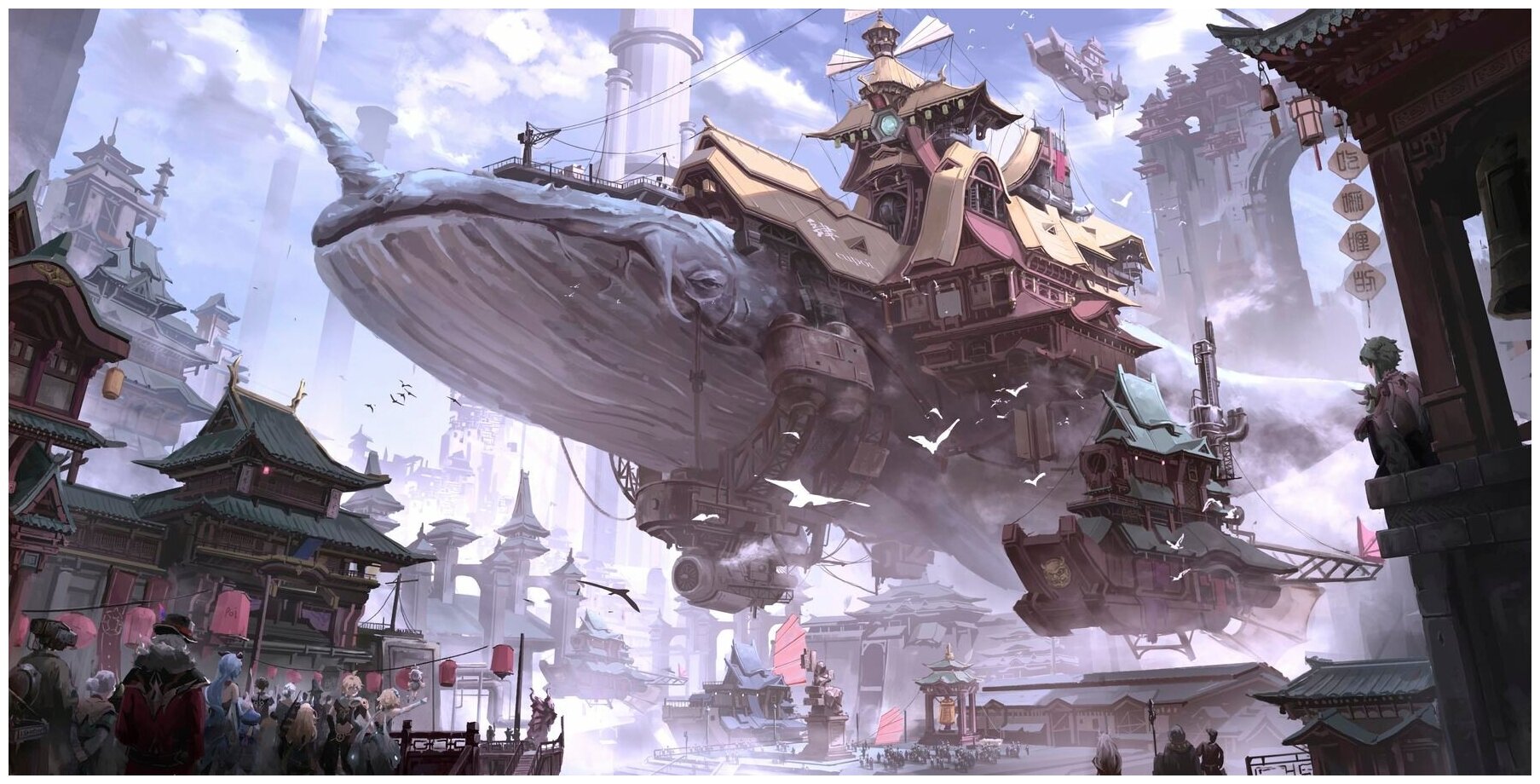 Фотообои Уютная стена "Кит-воздушный корабль - Геншин Импакт", флизелиновые, 550х270 см