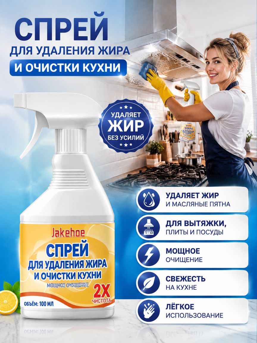 Jakehoe Спрейочиститель от сильных жировых загрязнений для кухни, для вытяжки, плиты и кухонной посуды, удаляет грязь и неприятные запахи, 100 мл