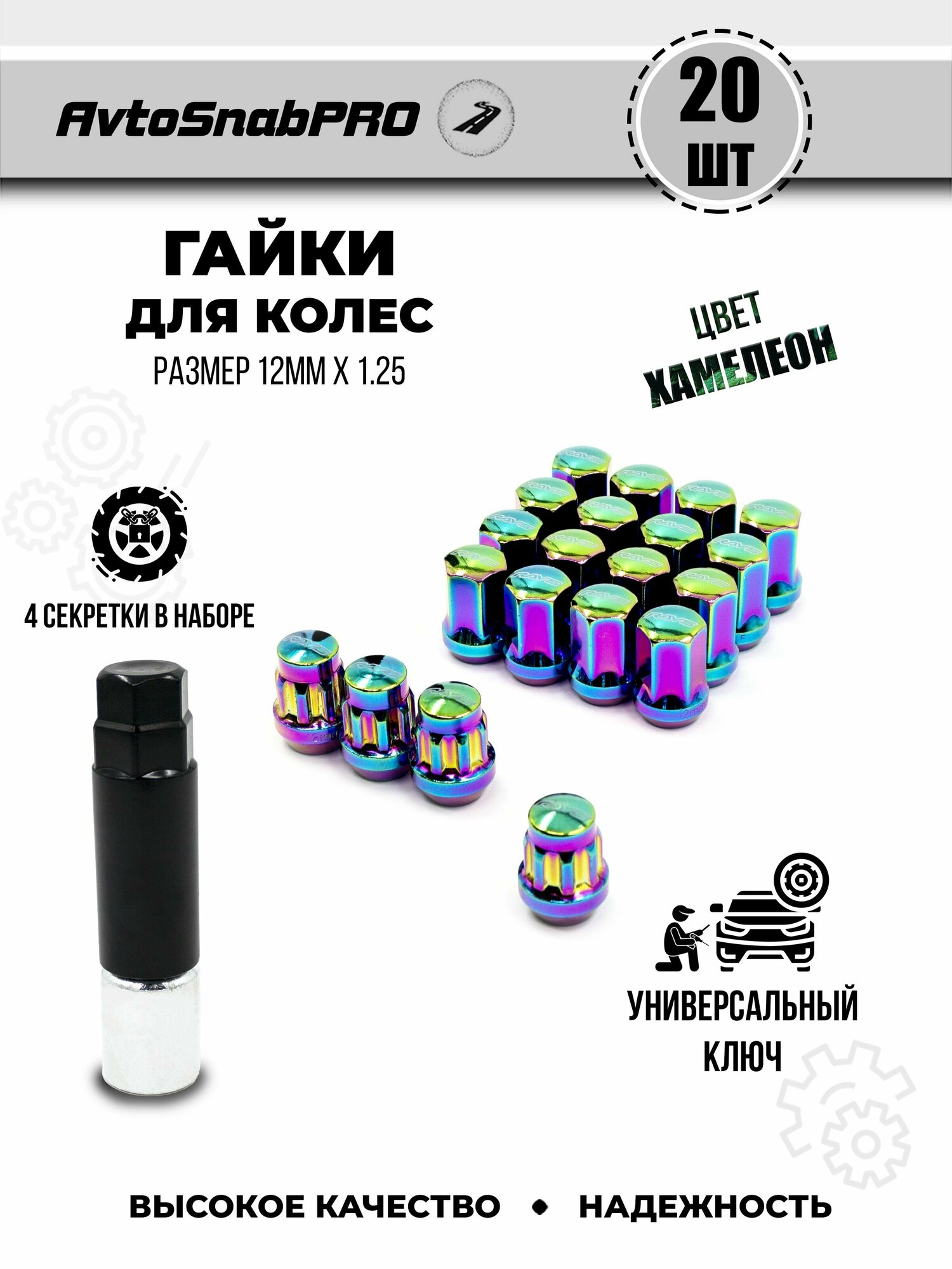 Набор колесных гаек Secret Wheels, M12x1,25, 20шт, сталь, ключ в комплекте