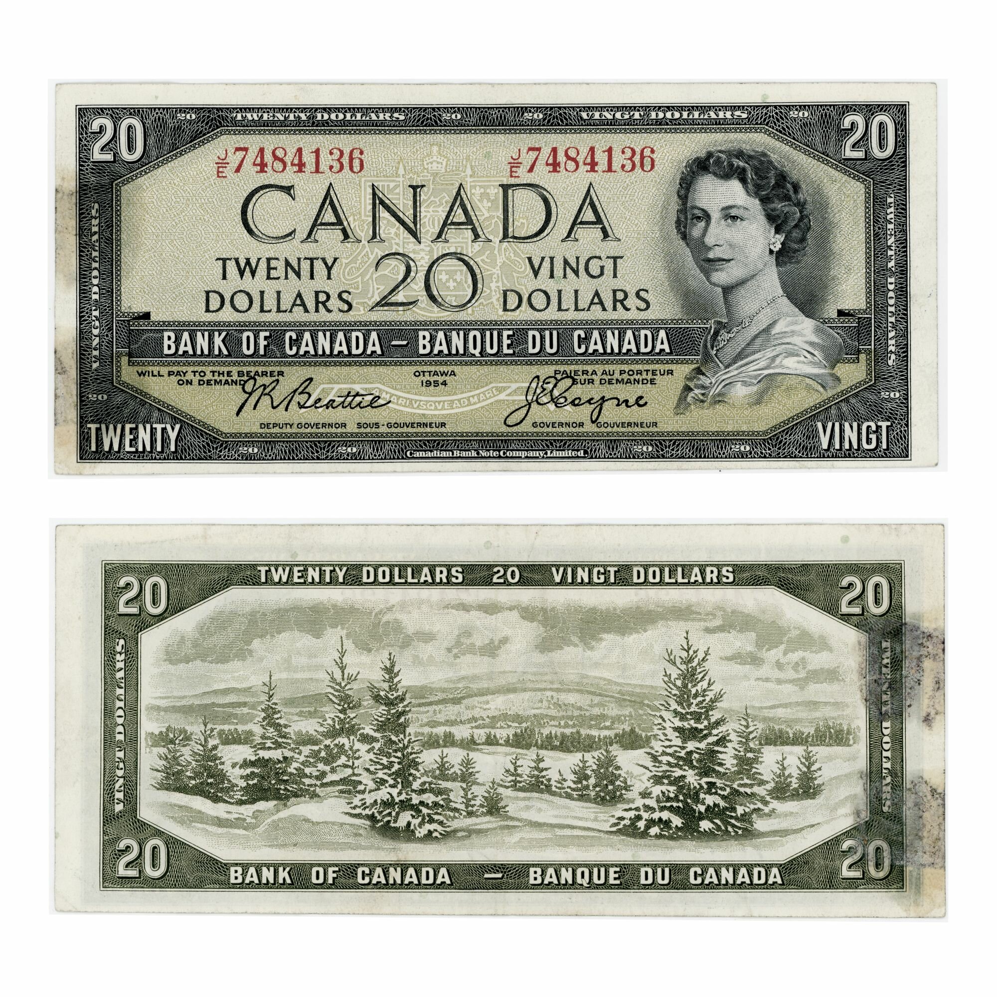 Банкнота Канада 20 долларов VINGT DOLLARS TWENTY 1954 год Fine (F) Pick 80