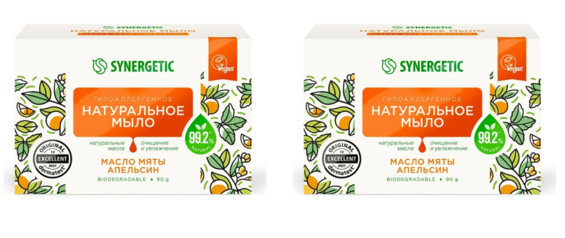Натуральное туалетное мыло Synergetic, масло мяты и апельсин, 90 гр, 2 шт