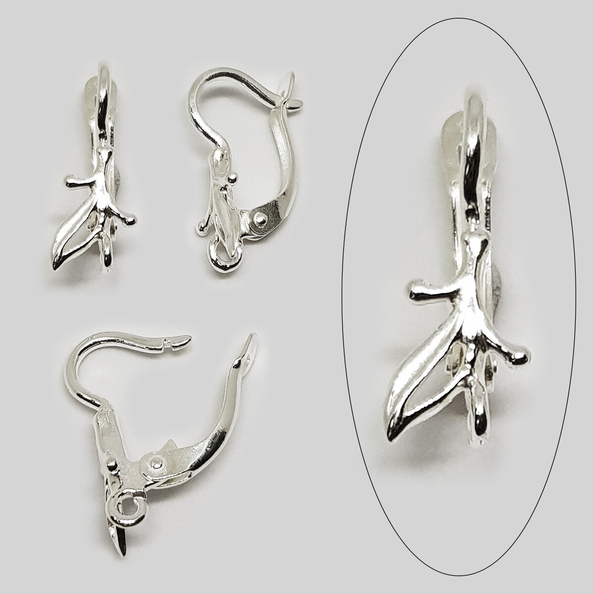 Швензы закрытые, 21х8мм, с английским замком, Листик, базовый материал - латунь, посеребренные, пара