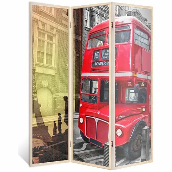 Ширма перегородка Декор Депо для комнаты деревянная "Из Лондона в Париж" двухсторонняя с картинкой (города) 3 створки кремовый дуб 176х140 см 11 кг