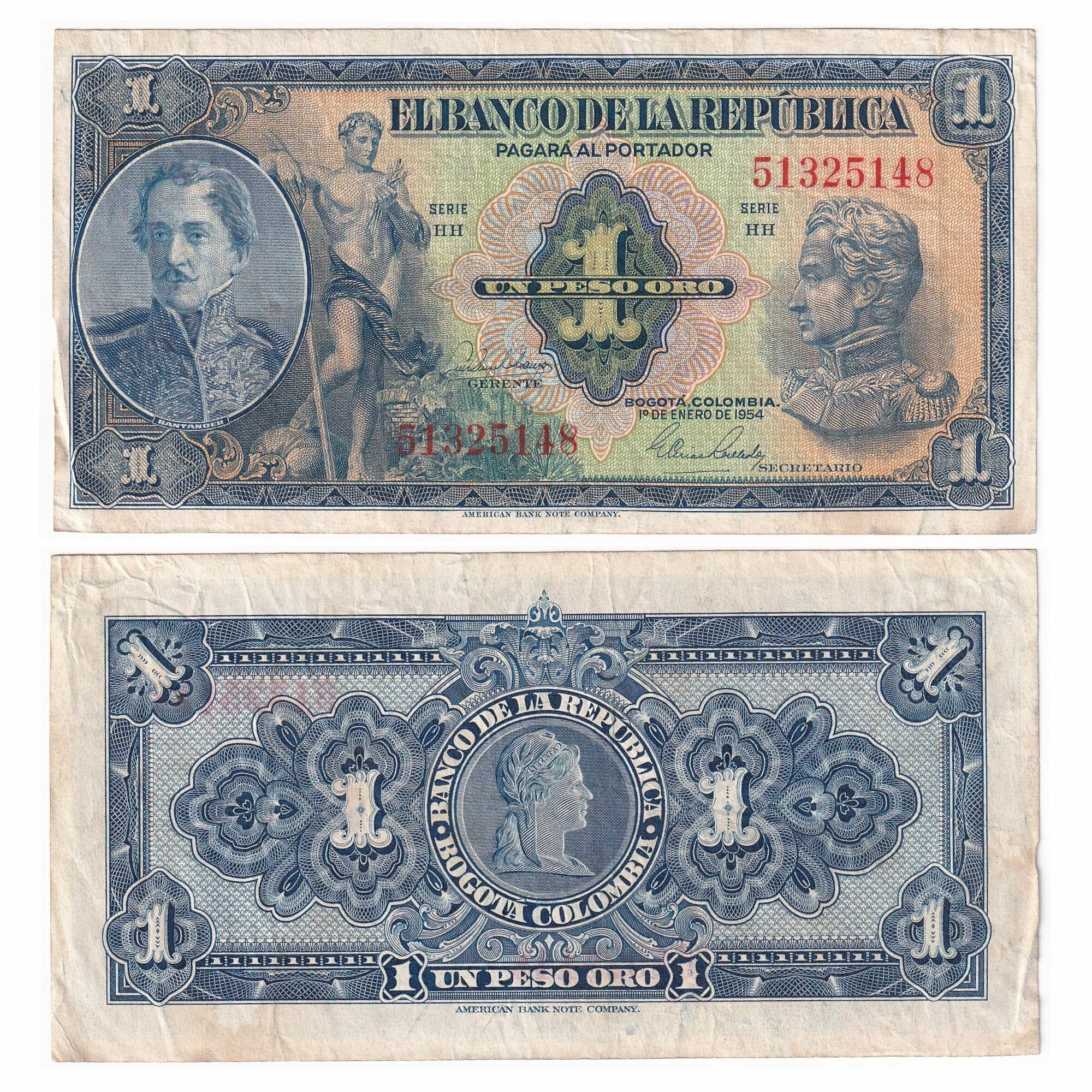 Банкнота Колумбия 1 песо 1954 год Very Fine (VF) Pick-380g