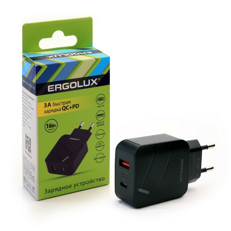 ERGOLUX ELX-РA01QC-C02 (Сетевой адаптер 18Вт 1USB+1Type C, 100-220В, 5-9V/3А, QC, Черный, Коробка), цена за 1 шт.