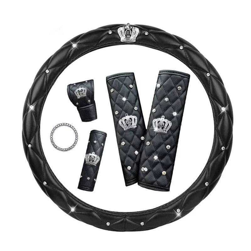 Высококачественный кожаный чехол на руль автомобиля с блестящими стразами, искусственная Корона, набор автомобильных аксессуаров для 15-дюймовых женщин и мужчин 6pcs set