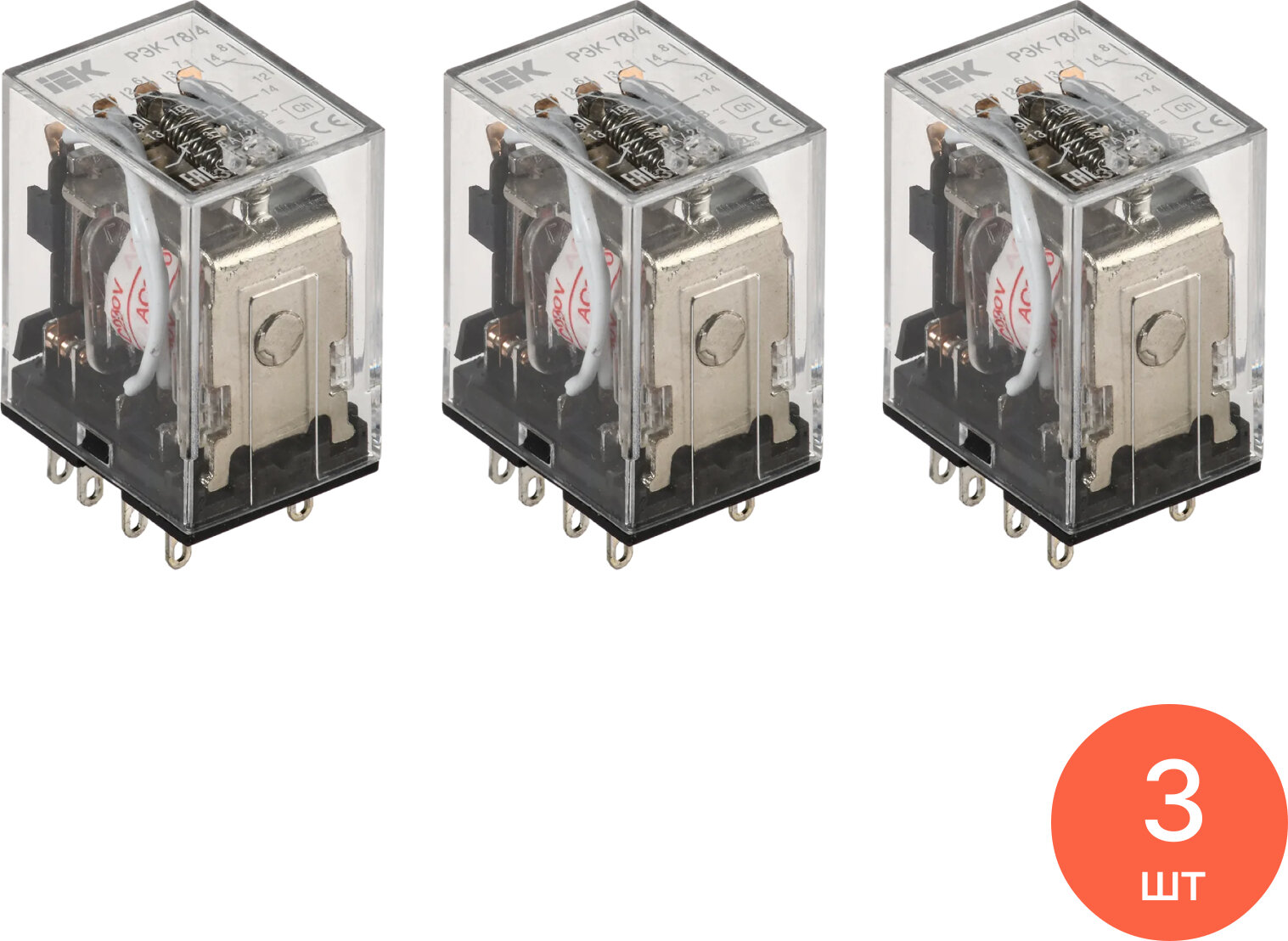 Реле промежуточное IEK / ИЭК РЭК 78/4, серебросодержащие контакты, 20.5x42x27мм, 3А 220В АC, RRP20-4-03-220A / электрика (комплект из 3 шт)