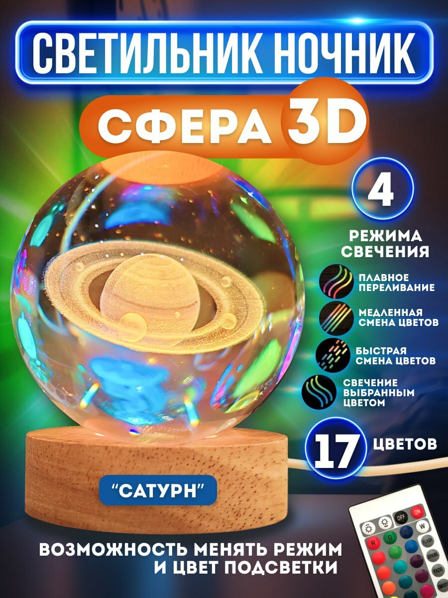Ночник светильник стеклянный шар лампа 3D - Сатурн