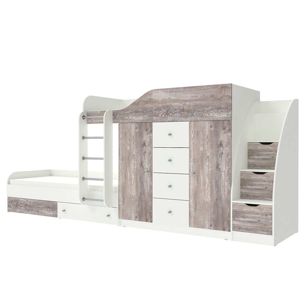 Кровать двухъярусная Астра 6 с лестницей комодом Белый Бетон