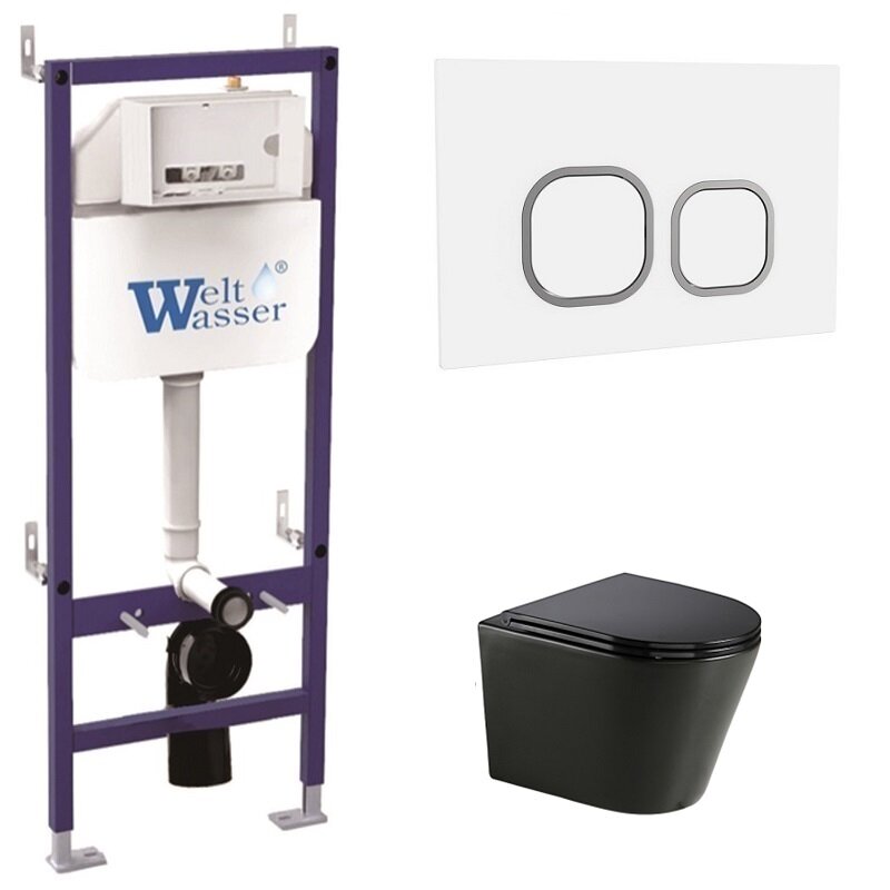 Унитаз с инсталляцией WeltWasser BAMBERG 460+SALZBACH 043 GL-BL+BAMBERG WT черный/кнопка белая, безободковый, с крышкой микролифт, слив торнадо