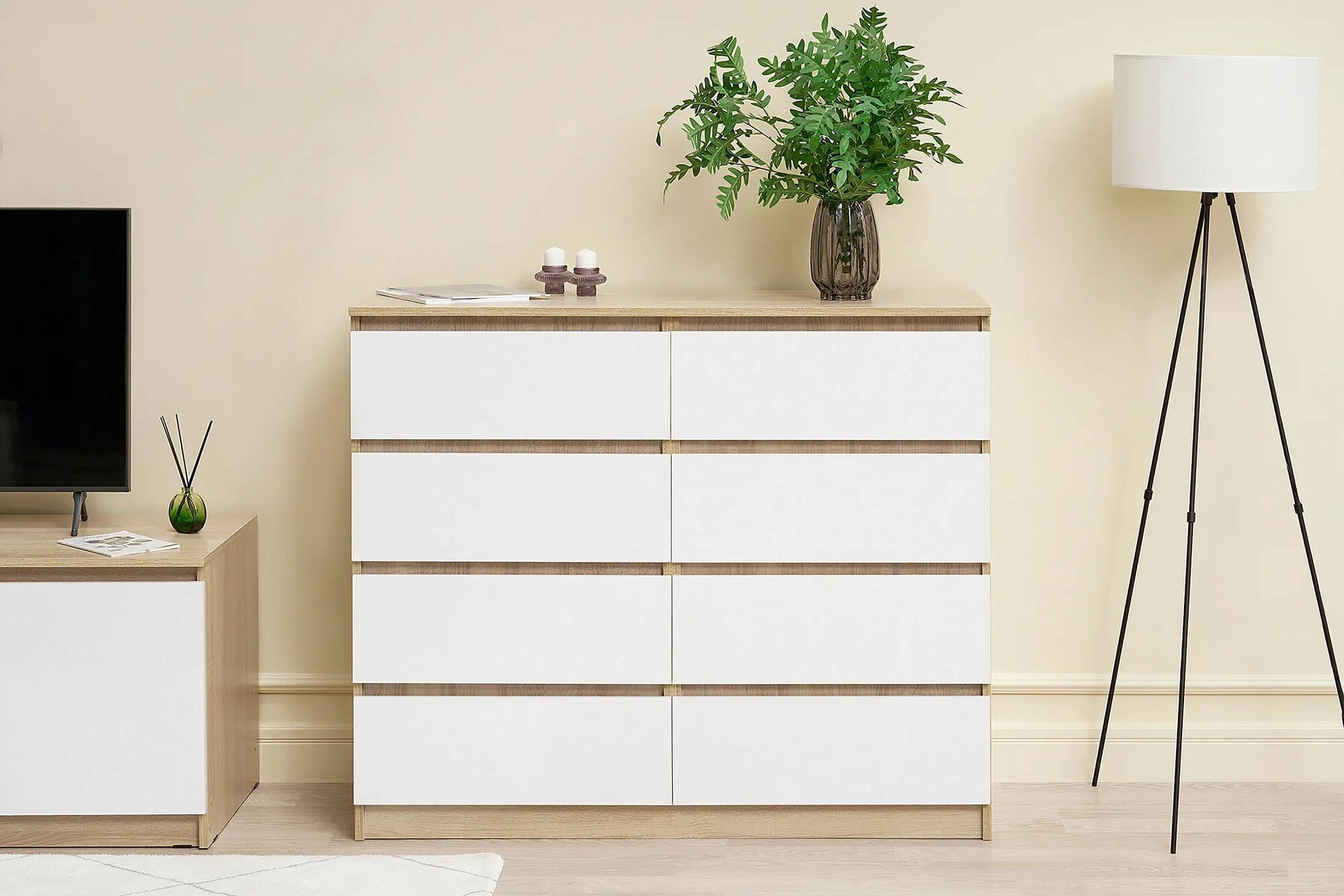 Комод Челси 1200 8 ящ. Белый глянец холодный, дуб сонома