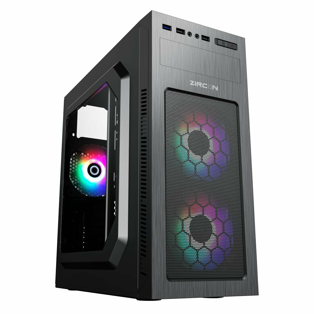 Корпус для ПК Zircon Lantan без БП (Черный Midi-Tower ATX, Micro-ATX, Mini-ITX CPU 156мм VGA 360мм 1*USB3.0, 2*USB2.0, HD Audio, 3*120мм RGB)