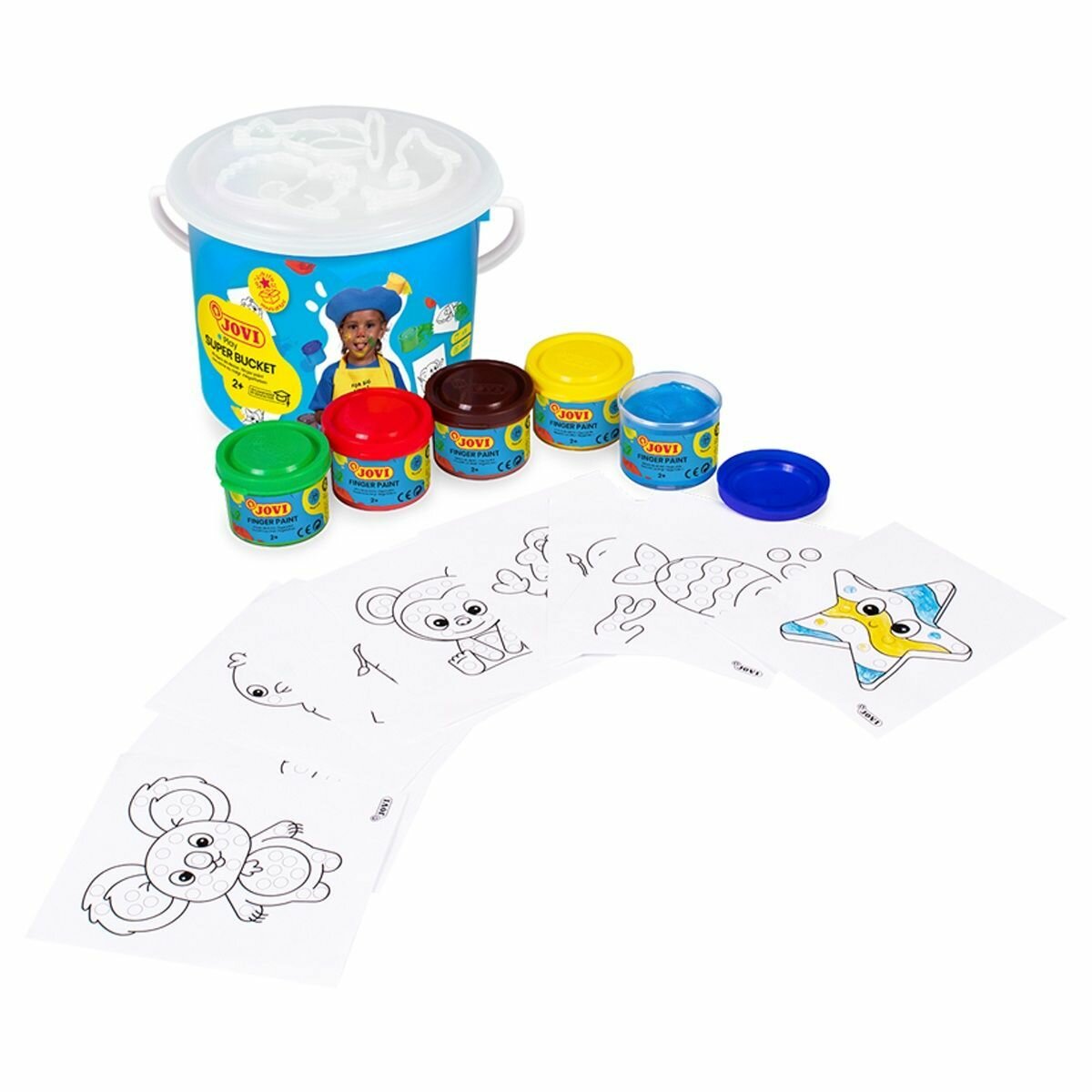 Краски пальчиковые JOVI "Super Bucket", 5 цветов по 35 мл, 20 трафаретов-раскрасок, пластиковое ведро (14FP)