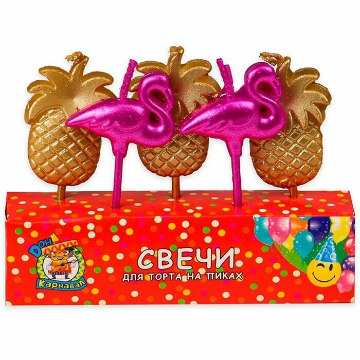 Свечи для торта Miland Ананасы и фламинго, на пиках, 5 шт, С-6009 (4665307360095)