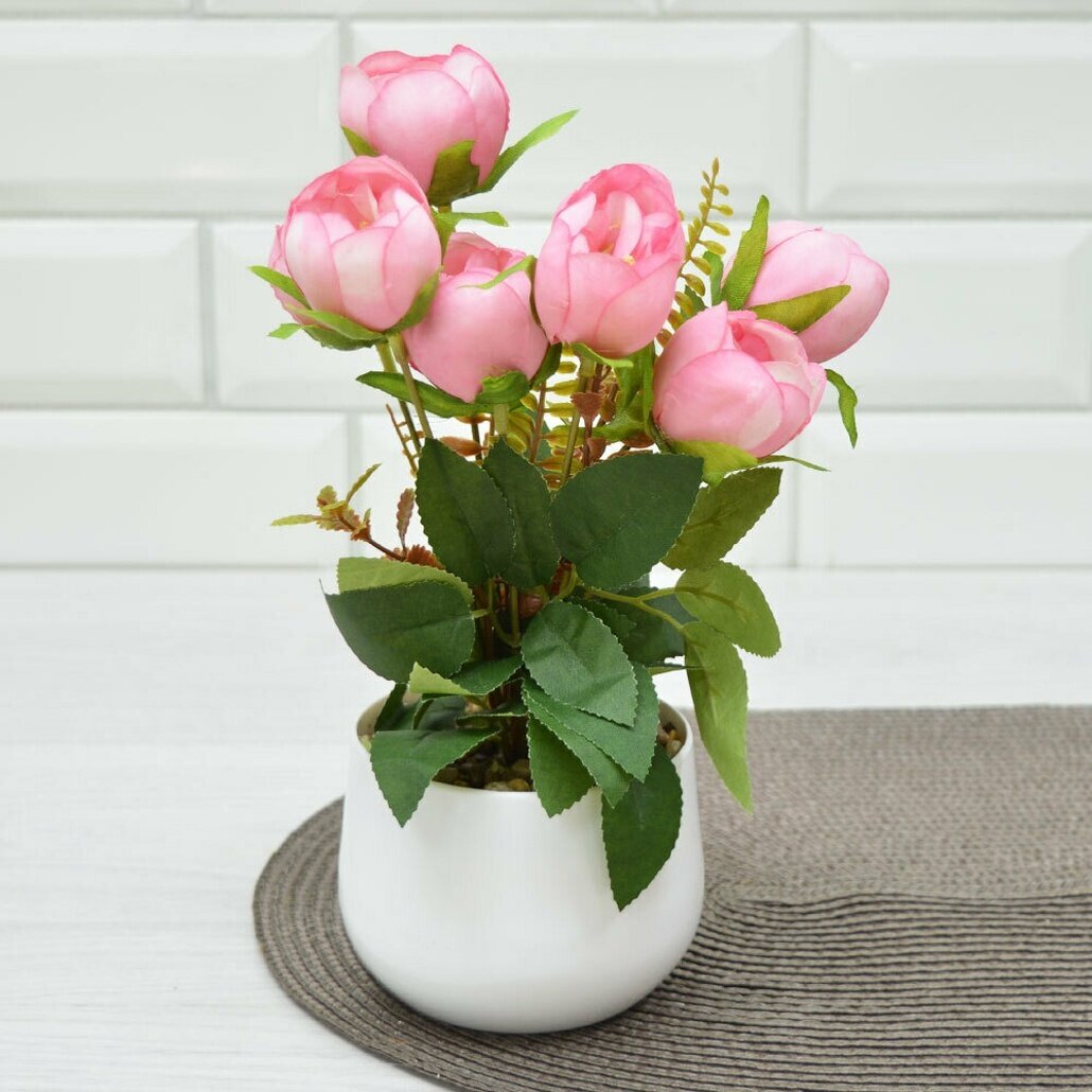 Искусственные цветы в кашпо, розовые, полипропилен, стекло, декоративные для интерьера