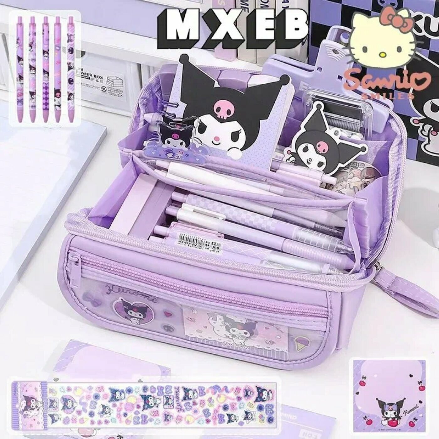Санрио Куроми Пенал Специальная канцелярская сумка Kuromi от Sanrio в стиле холста В набор входят наклейки,