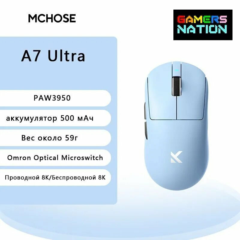 MCHOSE Игровая мышь беспроводная A7 ULTRA, голубой, серебристый