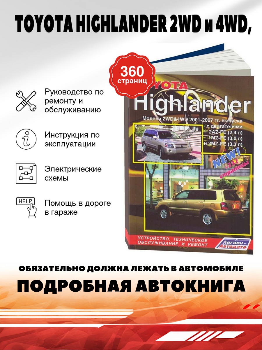 Книга: Toyota Highlander (2wd И 4wd) бензин руководство по ремонту, электросхемы - инструкция по эксплуатации, руководство по техническому обслуживанию, 5-88850-266-9, издательство Легион-Aвтодата