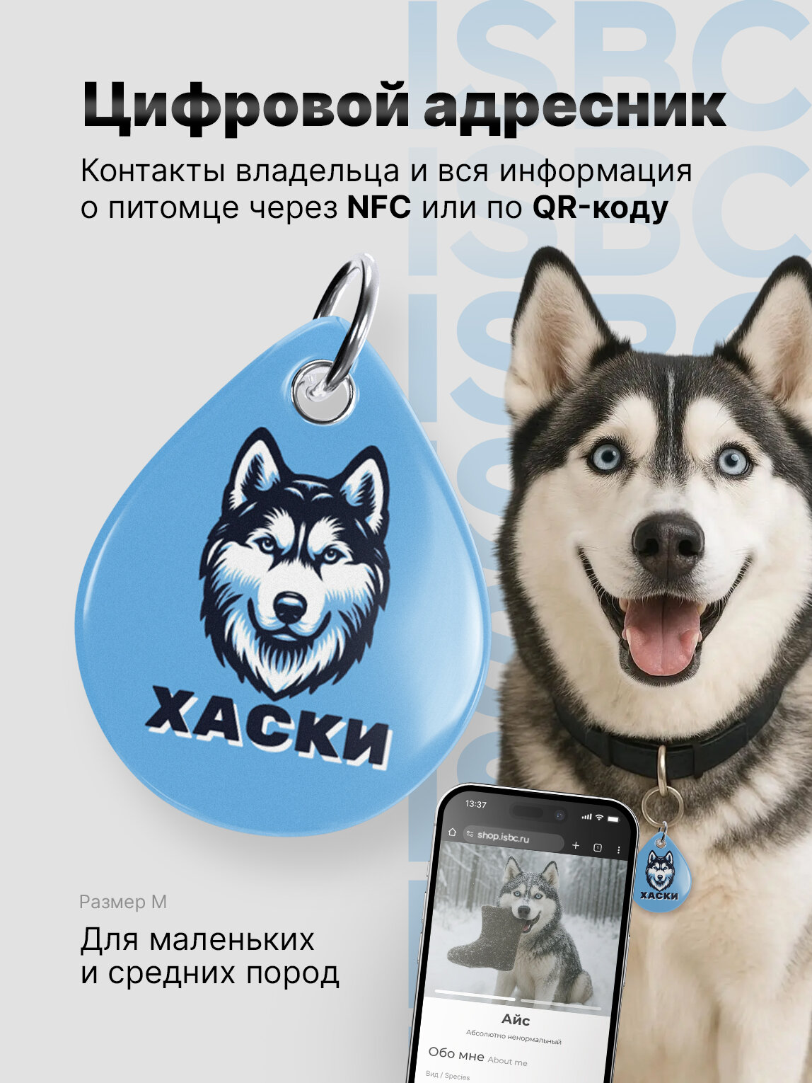 Цифровой Адресник для собак от ISBC с NFC и QR-кодом, для пород Хаски
