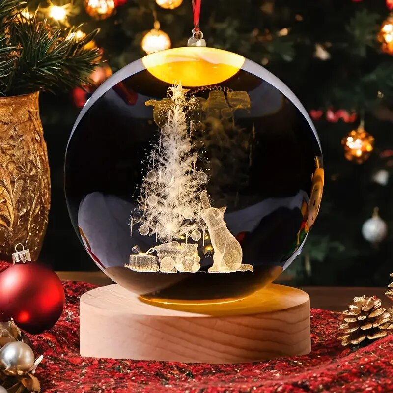 Ночник 3D хрустальный шар "Кошка Санта" (2.36Santa Cat)