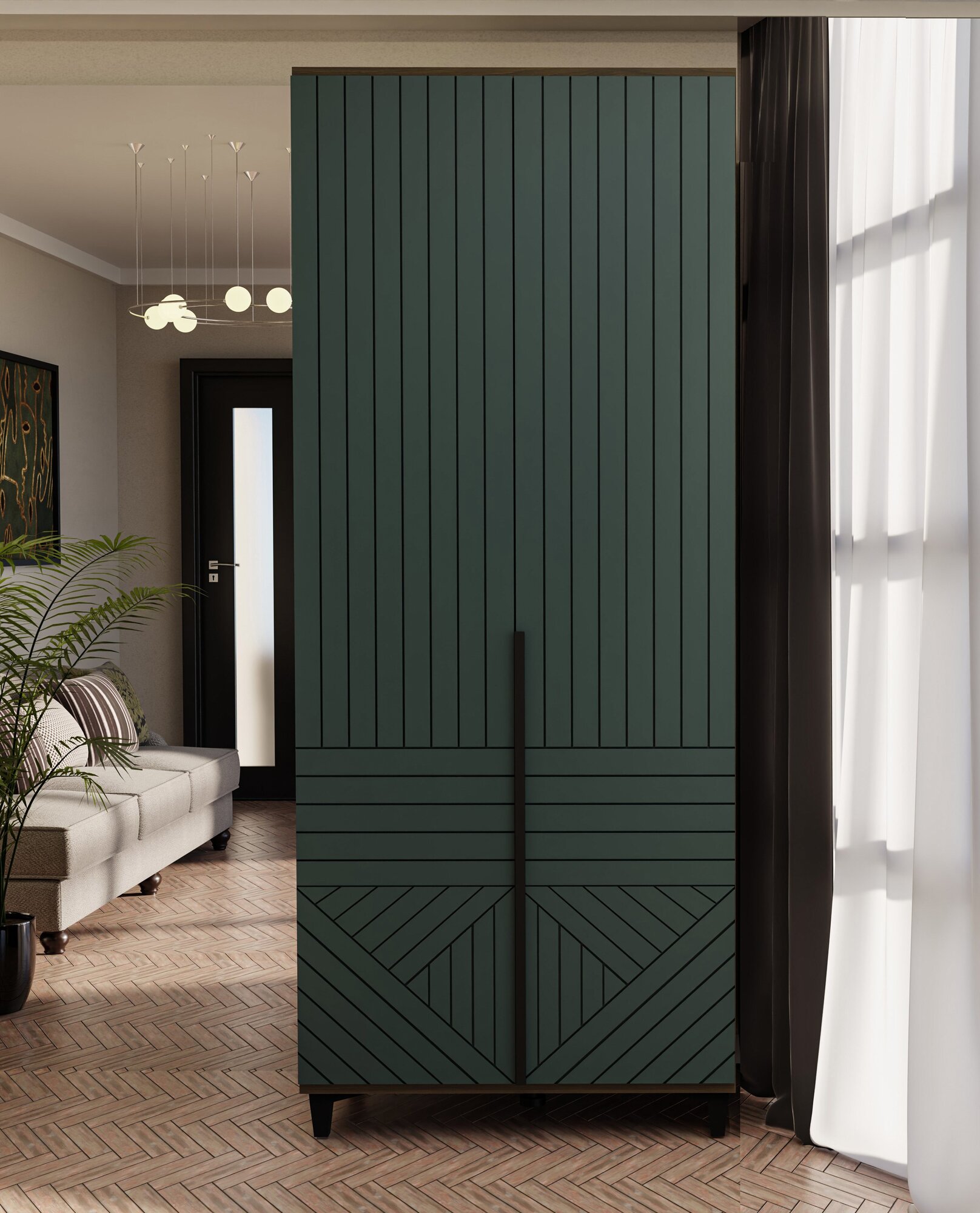 Распашной шкаф 2-х створчатый с полками и штангой Палау 90х50х210см, Табак/МДФ Темно-зеленый софт, петли с доводчиком