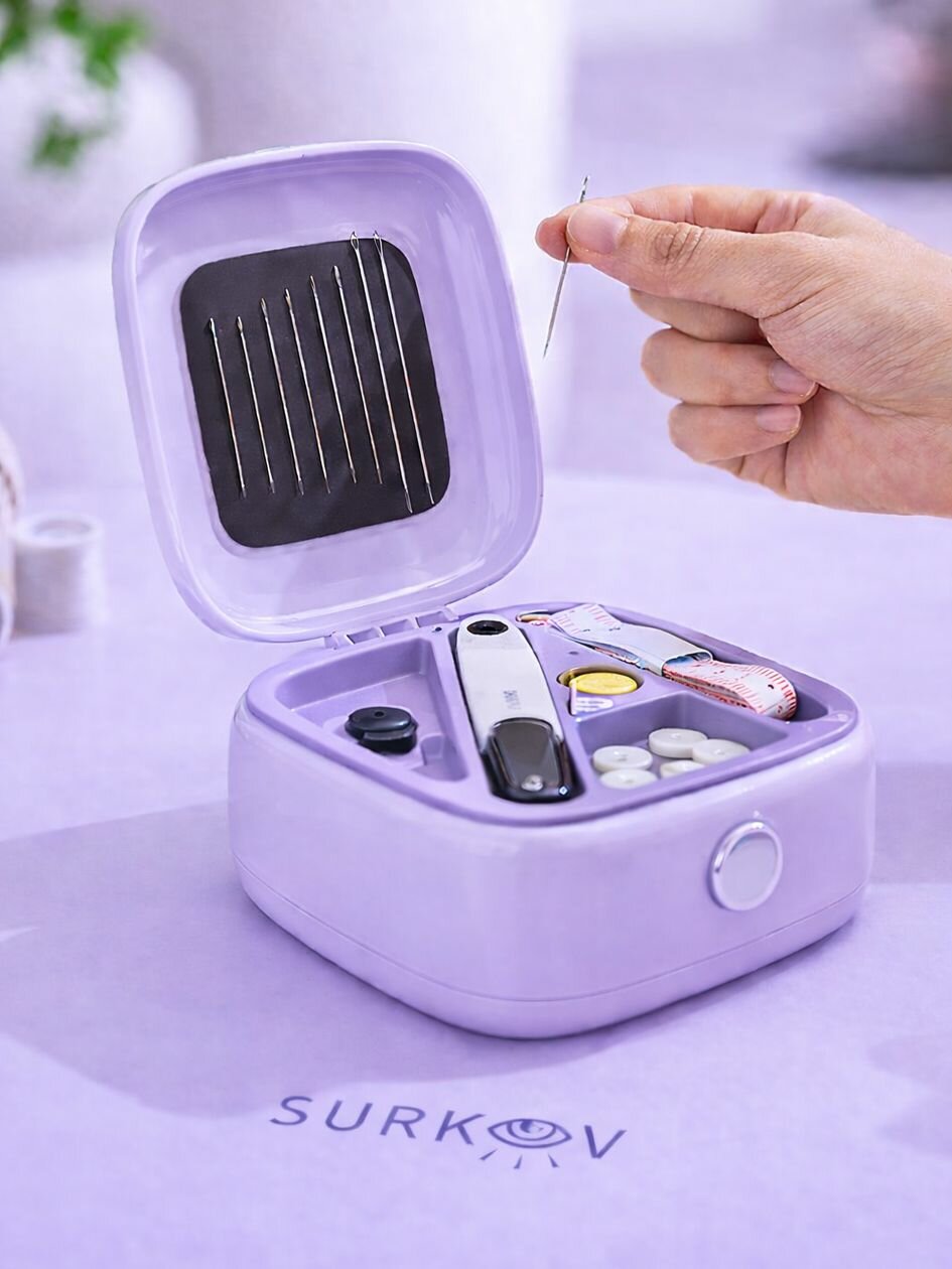 Швейный набор пластиковый кейс с магнитом фиолетовый