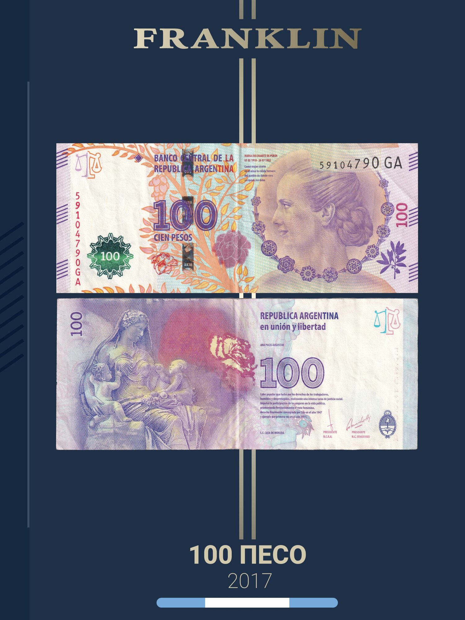 Банкнота Аргентина 100 песо 2017 год (F) Pick 358