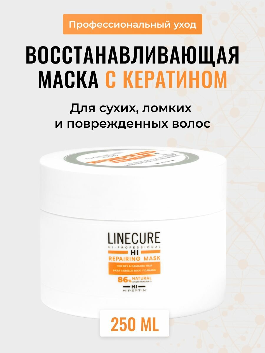 HIPERTIN Маска для волос профессиональная, восстанавливающая, увлажняющая с кератином, питательная для окрашенных, сухих, поврежденных волос, от секущихся кончиков, 250 мл