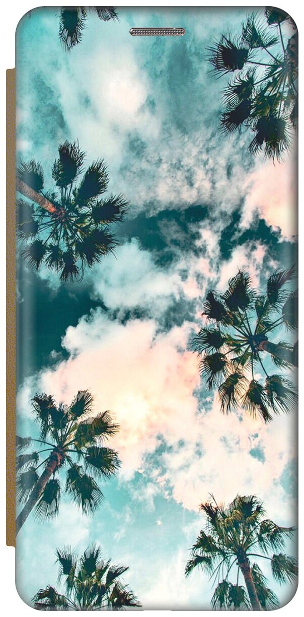 Чехол-книжка на Xiaomi Redmi Note 12 Pro, Note 12 Pro+, Note 12 Explorer Edition c принтом "Отдых под пальмами" золотистый