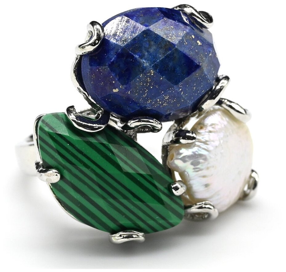 Кольцо, лазурит, малахит синтетический