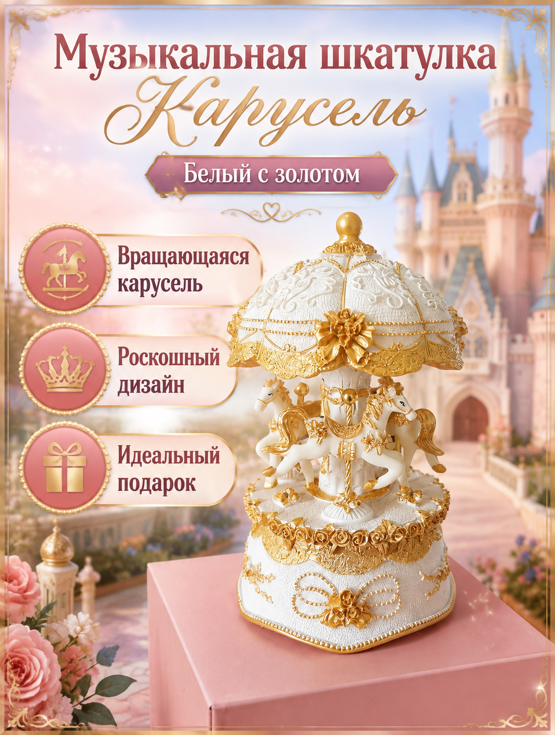 Музыкальная шкатулка Карусель из полирезина золотая с ручной росписью для интерьера и подарка