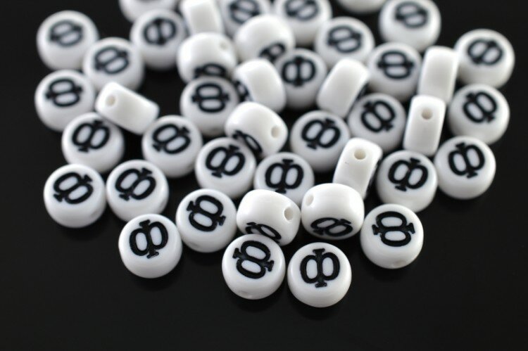 Бусина с русской буквой Ф 7х4мм, отверстие 1мм, цвет белый/черный, 540-222, 2шт