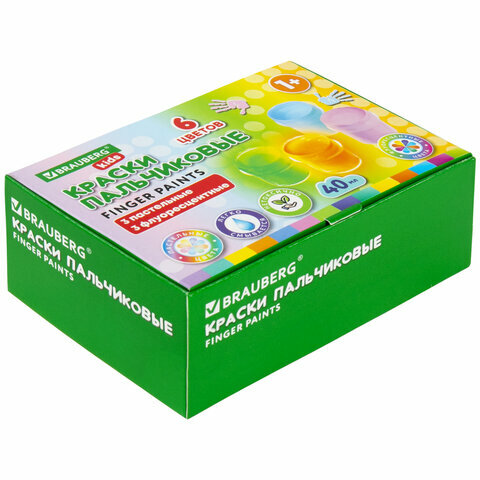 2 шт. Краски пальчиковые для малышей от 1 года, 6 цветов (3 пастельных + 3 флуоресцентных) по 40 мл, BRAUBERG KIDS, 192400
