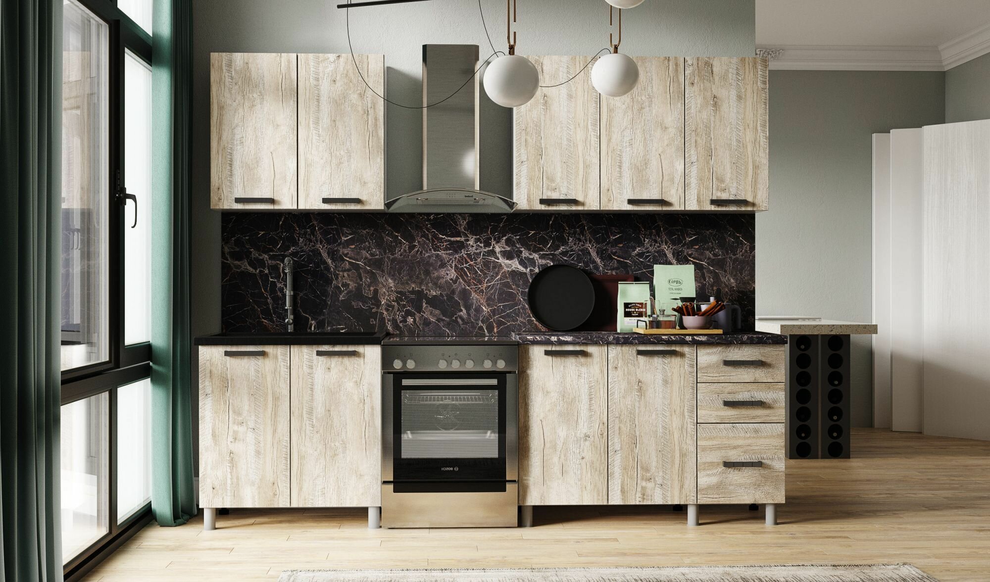 Кухонный гарнитур (кухня) без столешницы Нагано 2.0, Корпус Белый с тиснением "Древесные поры"/Фасад Дуб Юкон ЛДСП тэкс