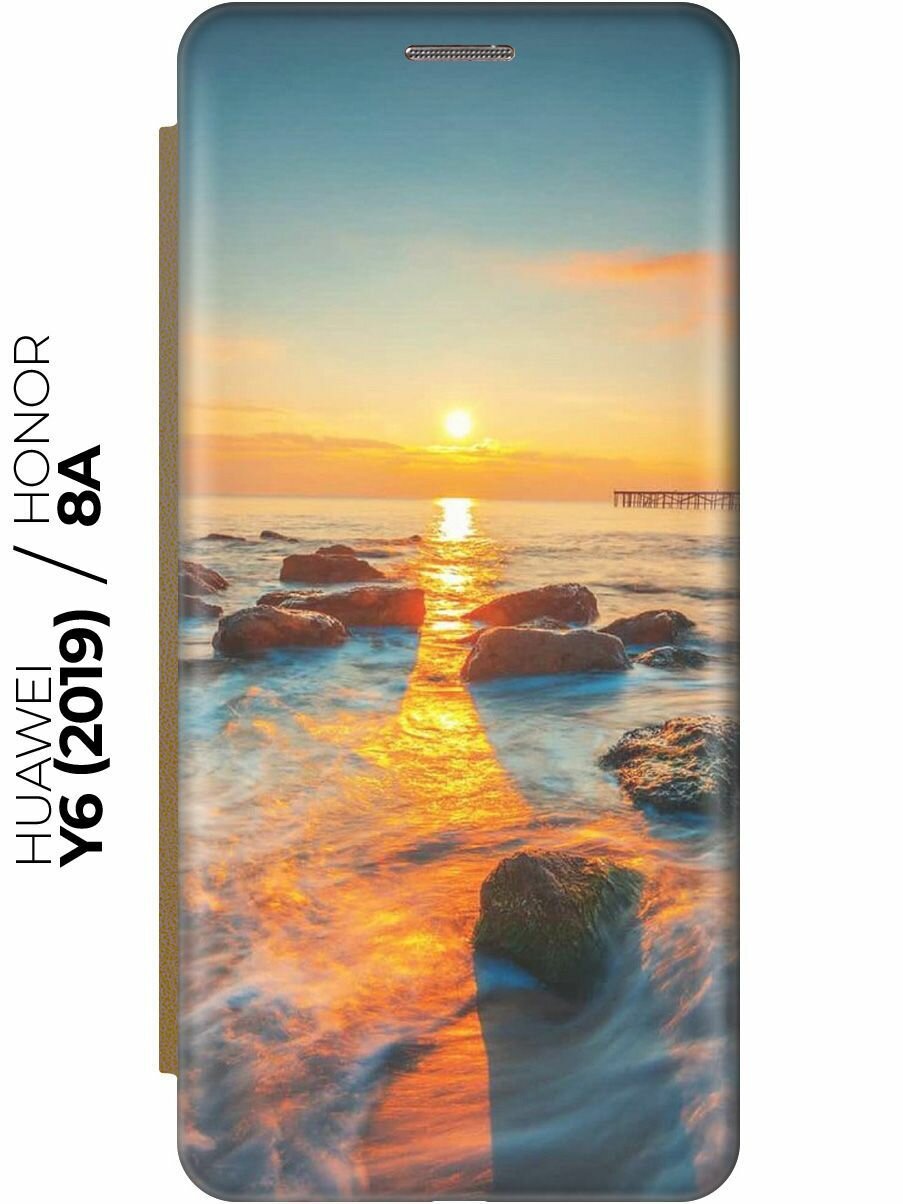 Чехол-книжка Закат на побережье на Honor 8A / 8A Pro / Huawei Y6 (2019) / Y6 Prime (2019) / Хонор 8а / 8а Про / Хуавей У6 2019 / У6 Прайм 2019 золотой