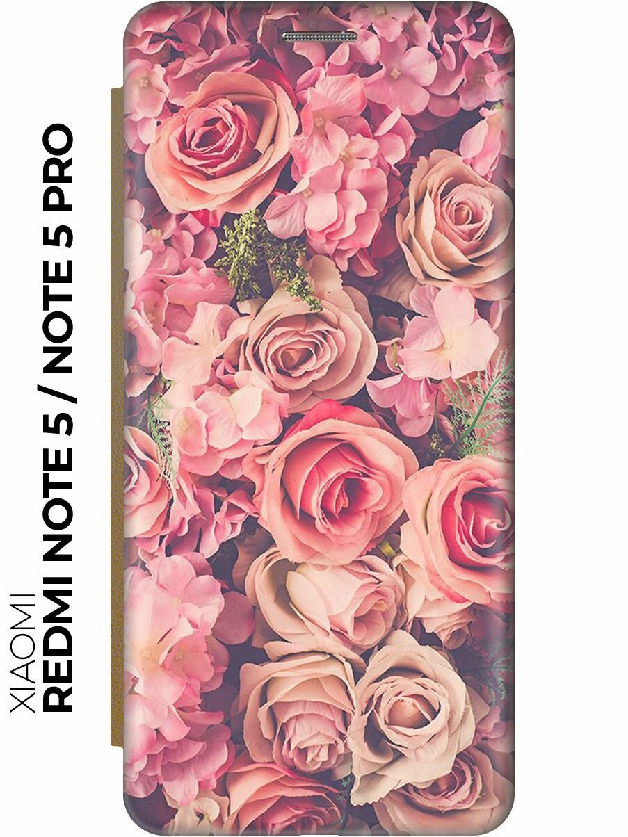 Чехол-книжка Розовый куст на Xiaomi Redmi Note 5 / Note 5 Pro / Сяоми Редми Ноут 5 / Ноут 5 Про золотой
