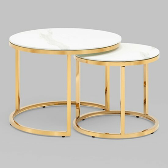 Набор журнальных столиков Stool Group Селена 60 и 45 см, стекло белый мрамор, сталь золото