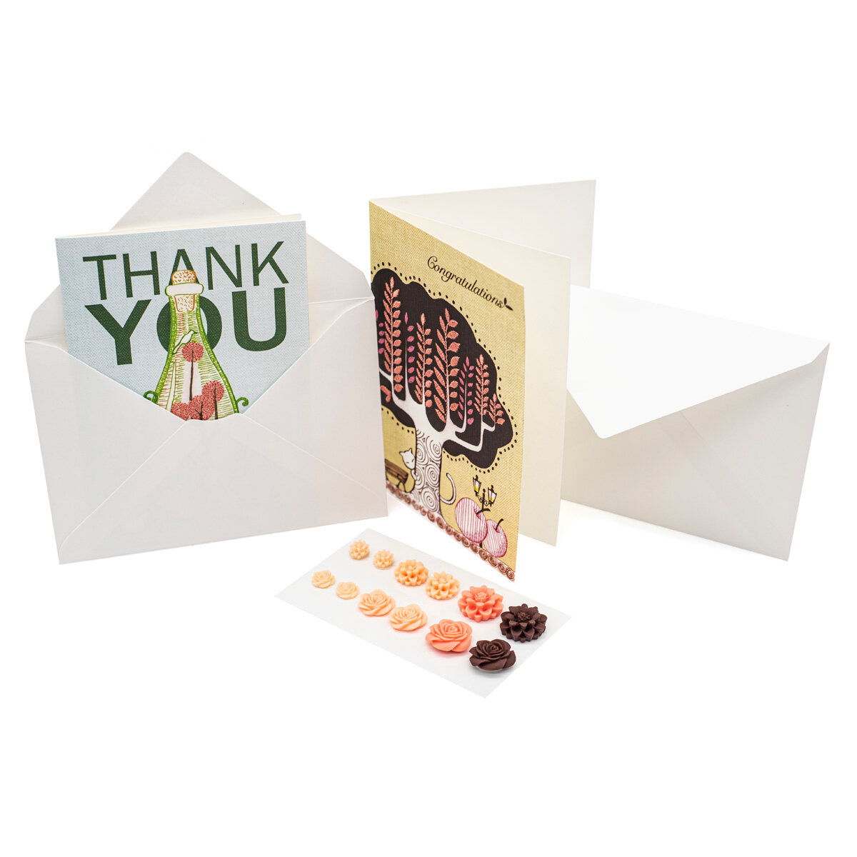 Открытки 'Спасибо' и 'Поздравляю' в конверте' 12*17 см 2 шт, с декоративными наклейками