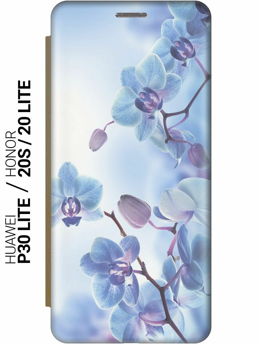 Чехол-книжка на Honor 20 Lite, 20s, Huawei P30 Lite, Хуавей П30 Лайт, Хонор 20 Лайт, 20s с 3D принтом "Голубые орхидеи" золотой