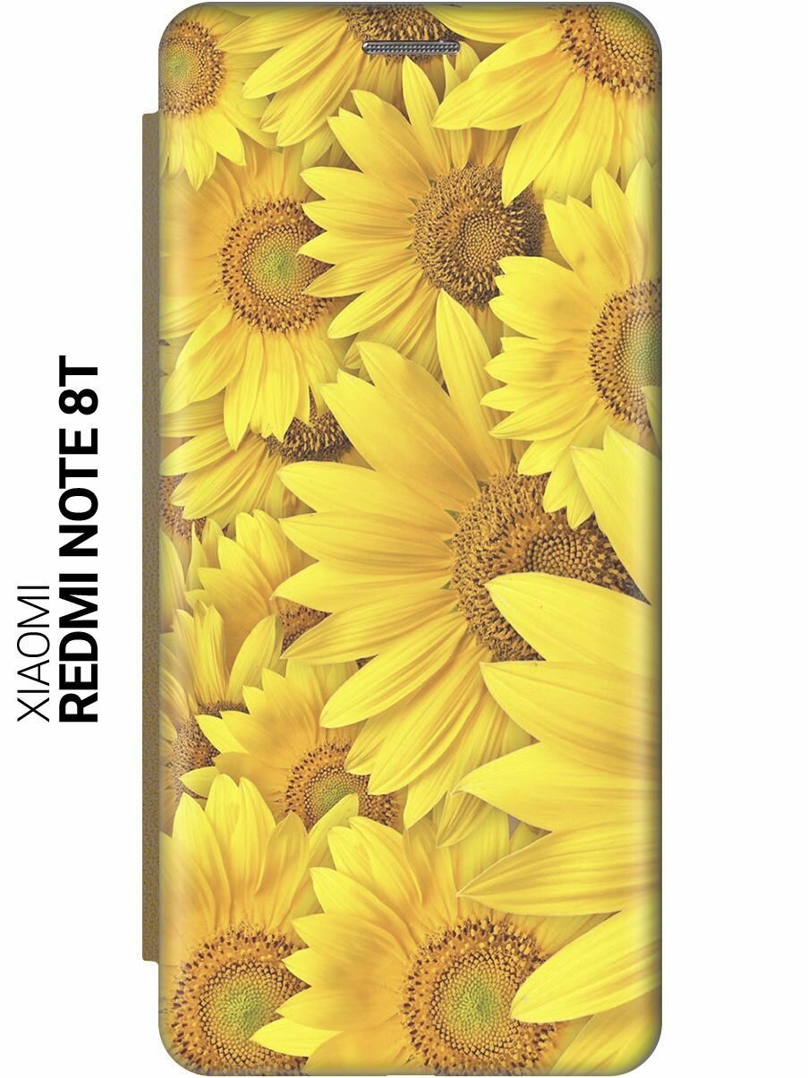 Чехол-книжка на Xiaomi Redmi Note 8T, Сяоми Редми Ноут 8Т с 3D принтом "Море подсолнухов" золотой