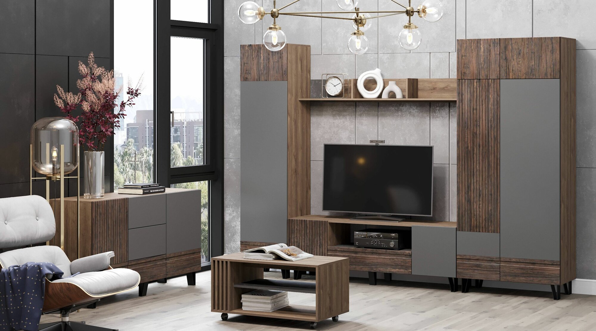 Модульная гостиная Нота-28 (композиция 3) Дуб Экспрессив Бронза/ Ателье Темный