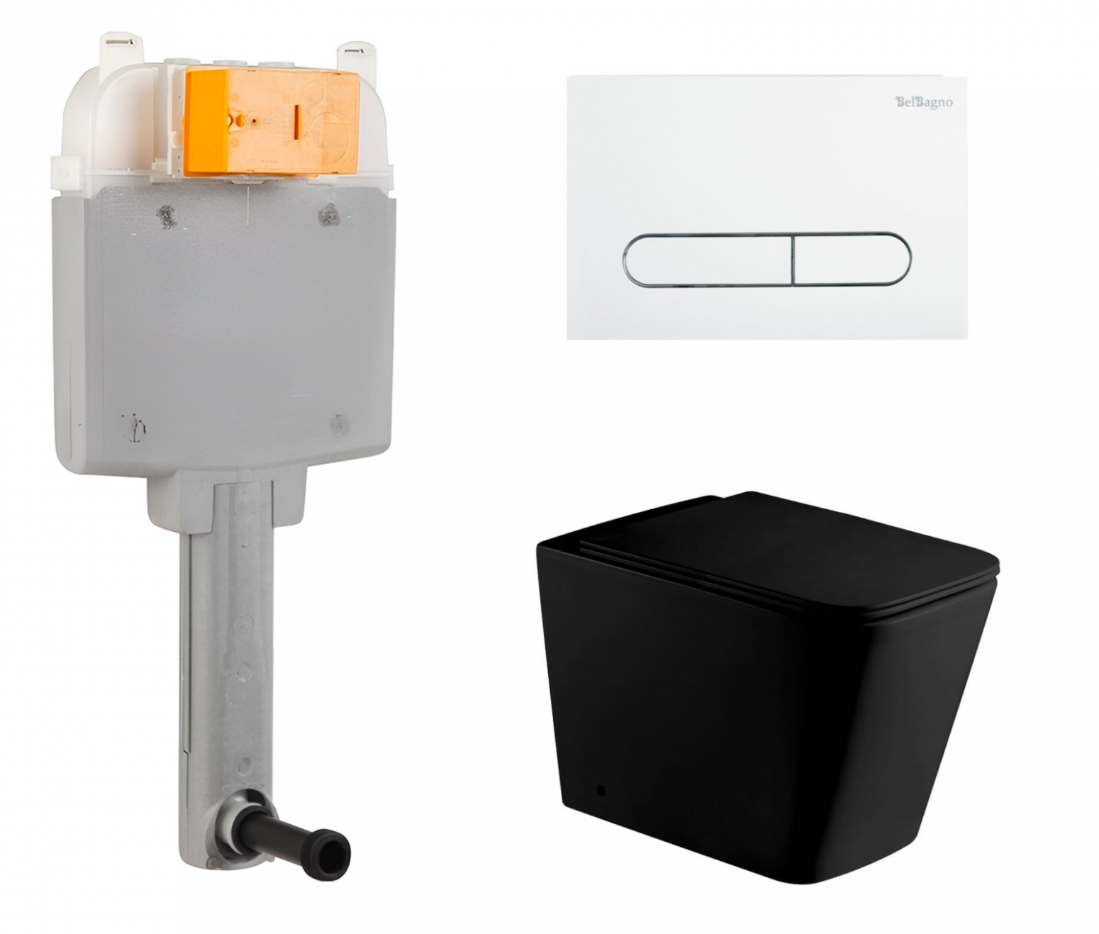 Комплект 3 в 1 смывной бачок скрытого монтажа BelBagno BB025-CS + Приставной унитаз WeltWasser Gelbach 002 MT-BL черный с кнопкой белой Prospero BB025-CS + 10000003698 + BB004-PR-BIANCO