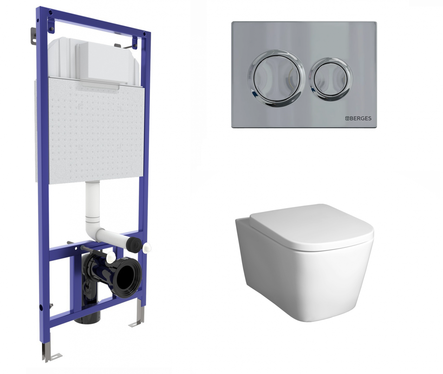 Комплект 3 в 1 инсталляция Berges Novum O3 + Унитаз подвесной BelBagno Albano BB120CHR с кнопкой глянцевой хром