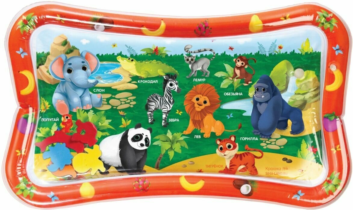 Акваковрик "Тропики" для малышей, детский надувной водный (водяной) коврик с мягкими фигурками и яркими изображениями, для развития зрительных навыков и мелкой моторики, 80x50 см