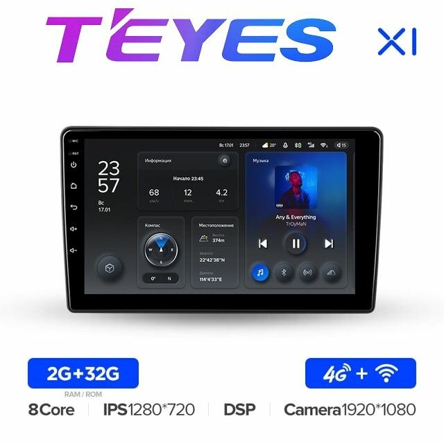 Teyes X1 4G 2/32Гб магнитола универсальная с экраном 10 дюймов , ANDROID 10, 8-ми ядерный процессор, IPS экран, DSP, 4G модем