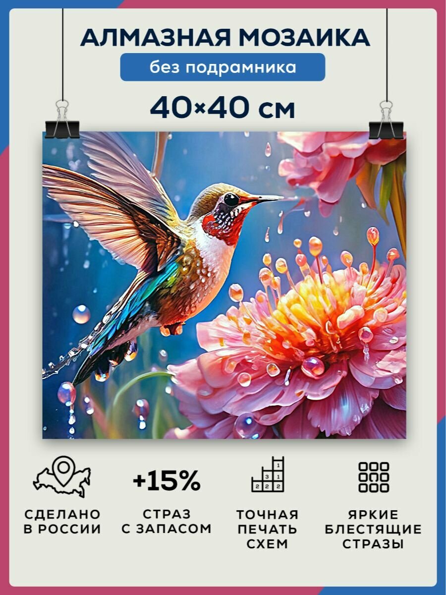 Алмазная мозаика 40x40 Колибри на цветке без подрамника