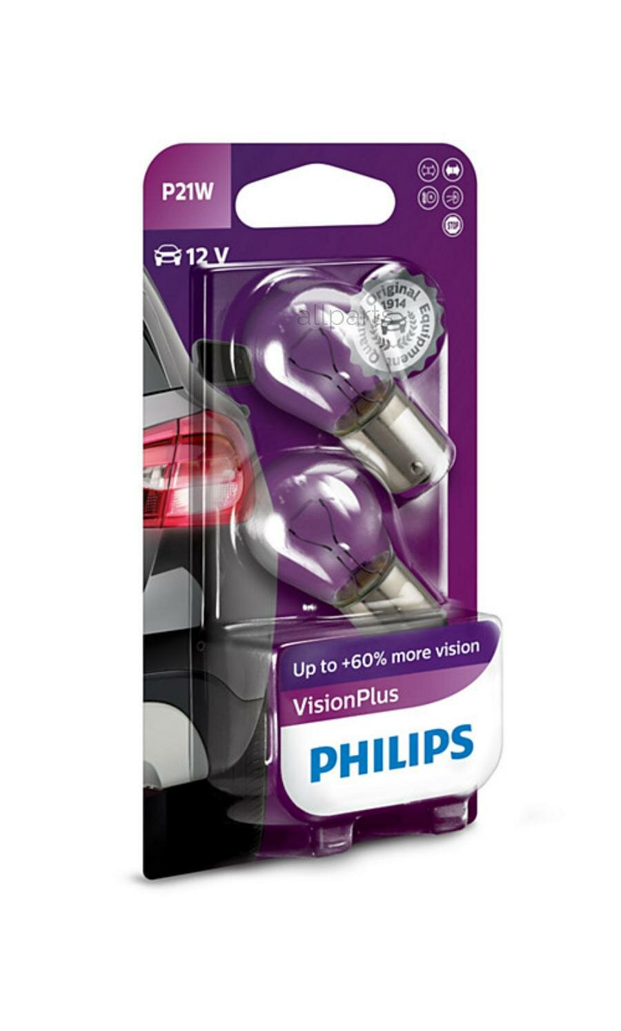 PHILIPS 12498VPB2 лампа P21W 12V-21W (BA15S) (+50 света) VISION PLUS блистер (2ШТ.)