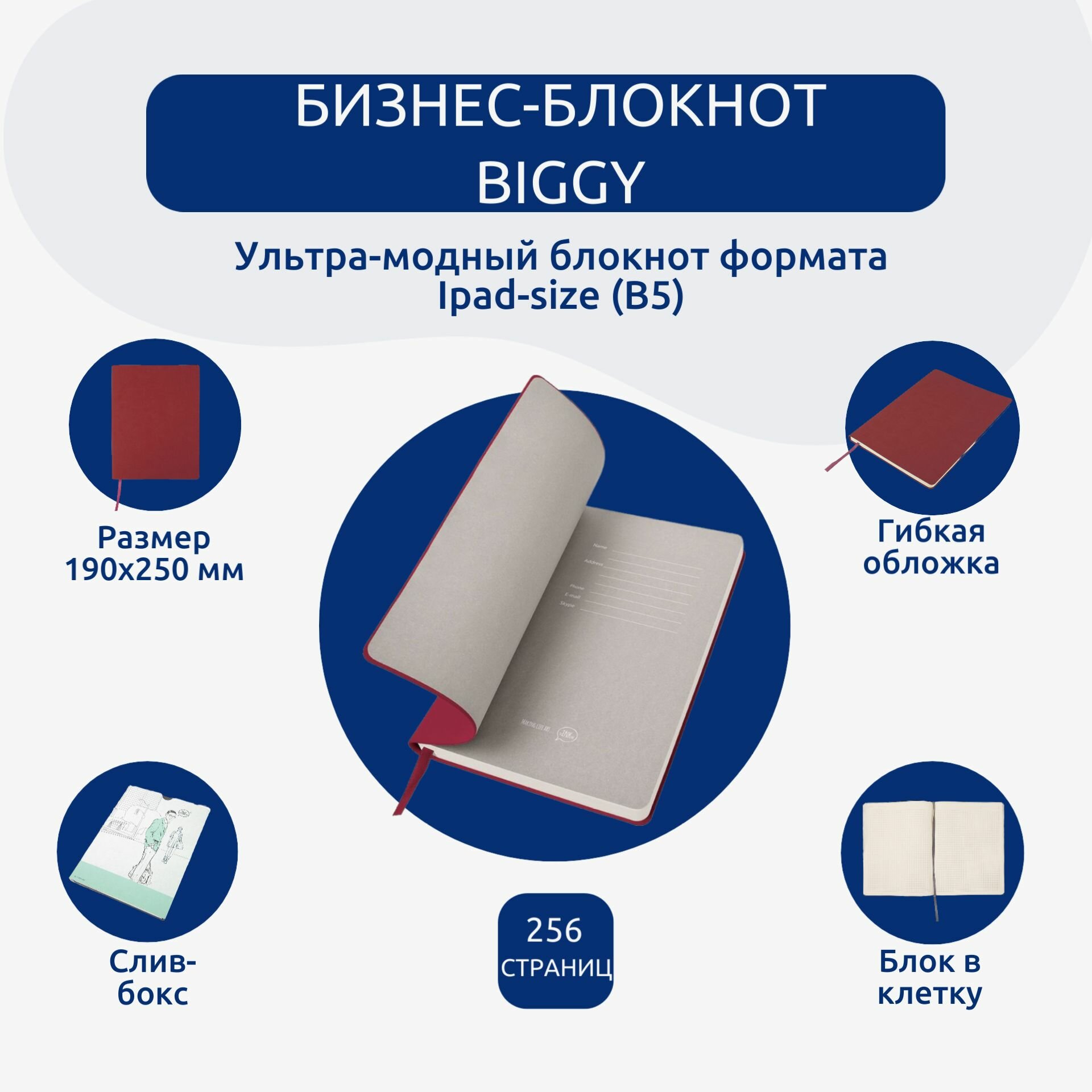 Бизнес-блокнот "Biggy", B5 формат, бордовый, серый форзац, мягкая обложка, в клетку